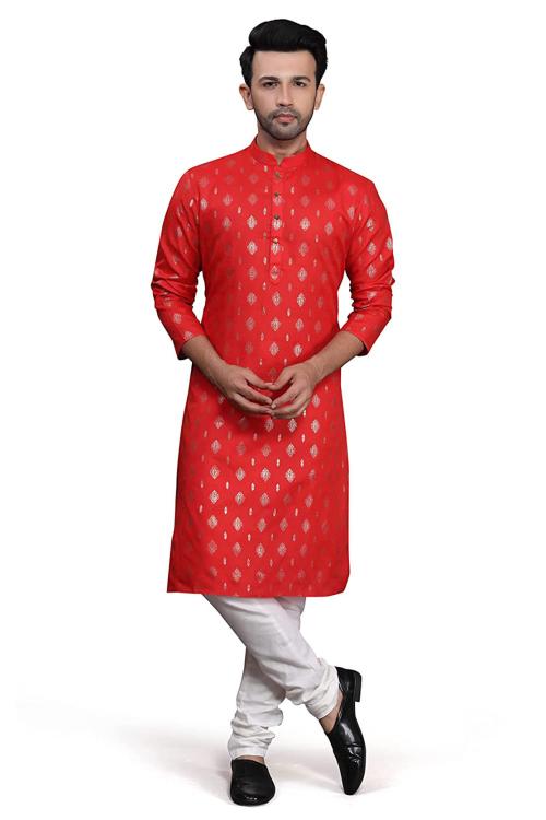 Buy HEORA Mens Red Cotton Kurta Pyjama Set for Ethnic and Designer Wear ...