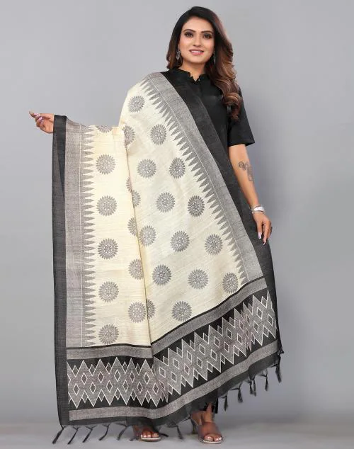 Buy Siril Women's Black Color Printed Khadi silk Dupatta Online at Best ...