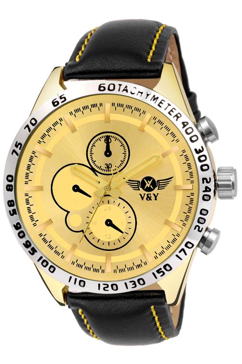 Buy V&Y Gold Chronograph Dial &Tachy Meter With Black Leather Strap ...
