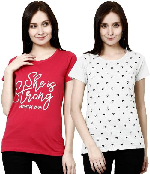 Buy Chozi Women Multicolor Typography Cotton Blend Pack of 2 T-Shirt ...