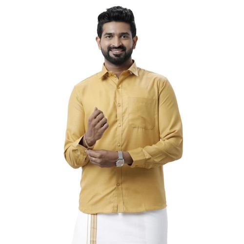 Buy UATHAYAM Xpress Mustard Yellow Cotton Rich Full Sleeve Solid Slim Fit Shirt & Dhoti Set for ...