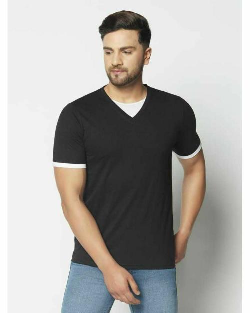 Buy Glito Solid Black & White Half Sleeves V-Neck T-shirts For Men's ...