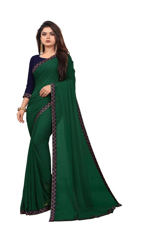 Buy TANSKIN Women's New Georgette Solid Contrast Lace Border Sari_GREEN ...