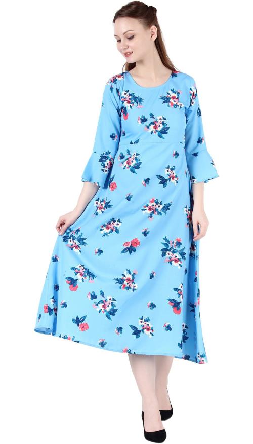 Buy HUNOOR Womens Sky Blue Printed Crepe Straight Gown Online at Best ...
