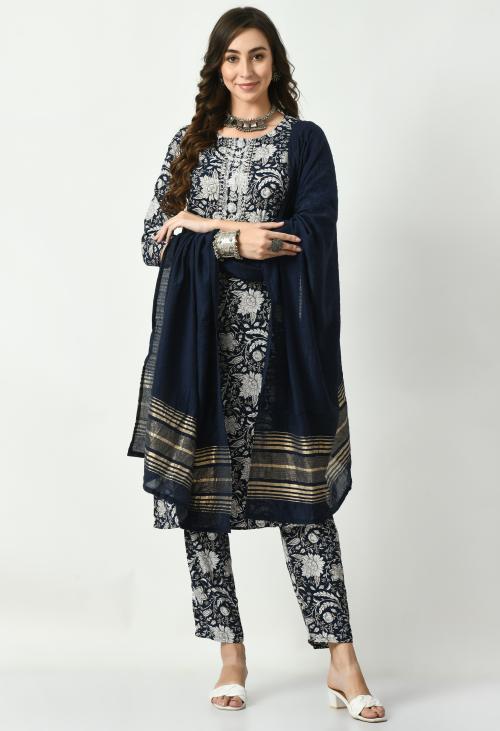 Buy S MAJIDA Navy blue Floral Printed Kurta set for Women with Dupatta ...
