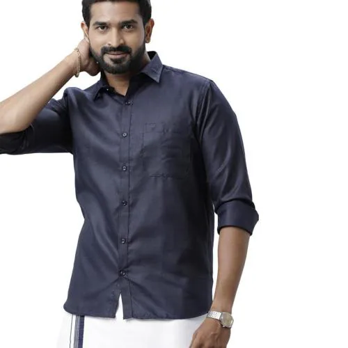Buy UATHAYAM Xpress Royal Blue Cotton Rich Full Sleeve Solid Slim Fit Shirt & Dhoti Set for Men ...