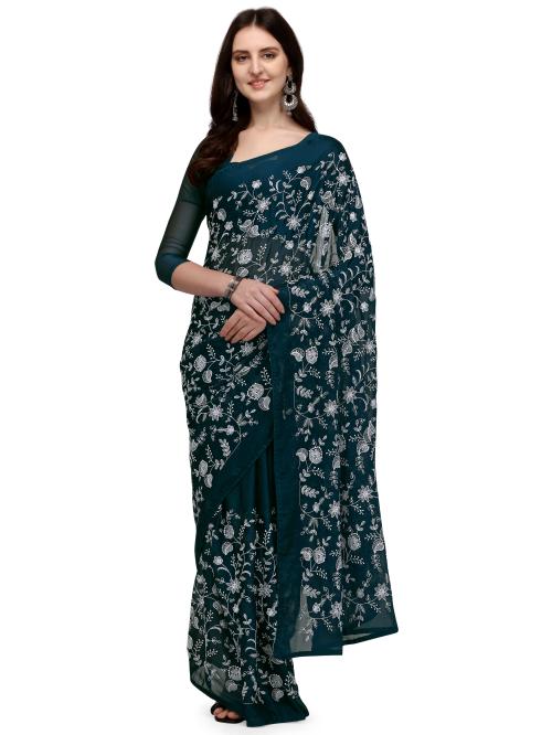 Buy Kavindi fab Embroidered Lucknow Chikankari Silk Blend Saree (Light ...