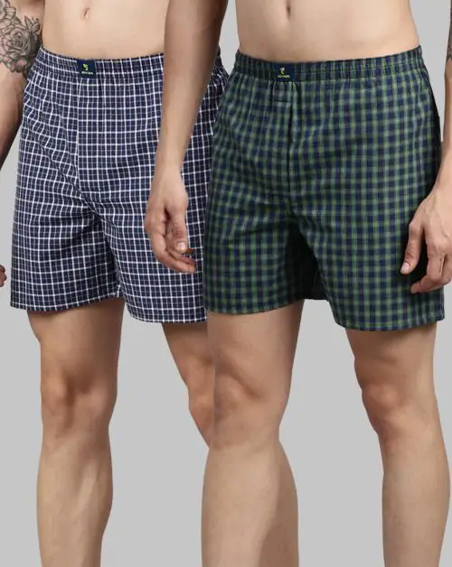 Buy Joven Men's Multicolor Checkered Pure Cotton Pack of 2 Boxers ...