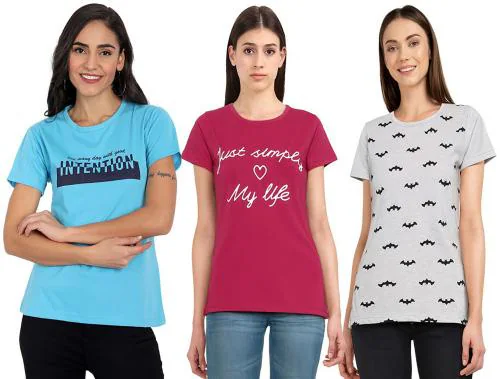 Buy CHOZI Women Multicolor Printed Cotton Blend Pack of 3 T-Shirt ...