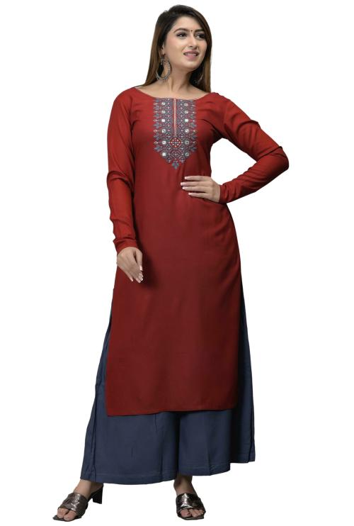 Buy Maquien Women Maroon Embroidered Rayon Kurta Suit Set Online at ...