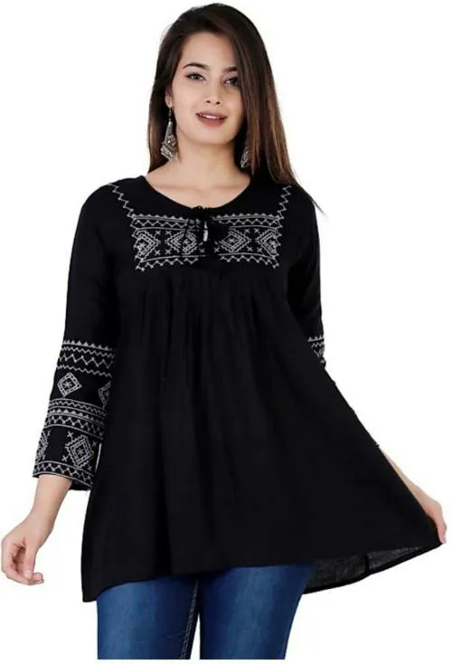 Buy MRIGNAYANI Women Black Solid Rayon Top (L) Online at Best Prices in ...