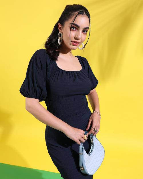 Buy Campus Sutra Women's Solid Navy Blue Dress With Ruffle Detail Online at Best Prices in India ...