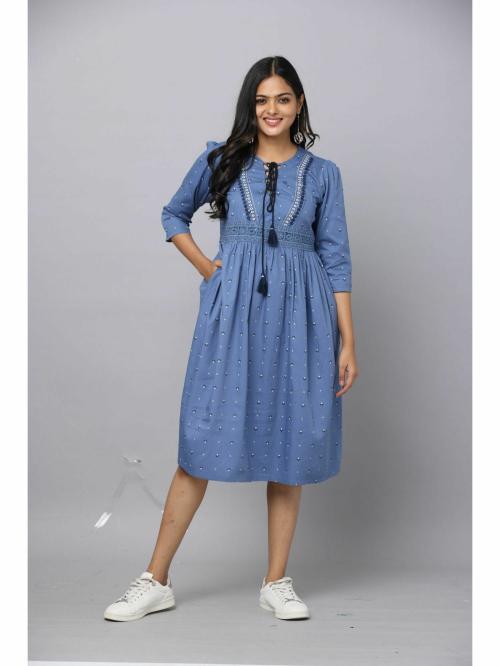 Buy Women printed Aline dress Blue Colour L Size Online at Best Prices ...