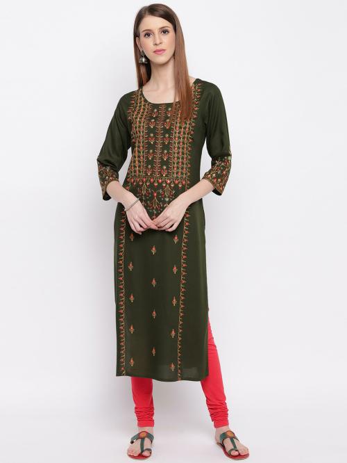 Buy Vbuyz Women'S Embroidered Straight Cotton Bland Green Kurta Online ...