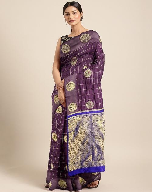 Buy KAVINDI Self Design Banarasi Silk Blend Saree (Purple) Online at ...