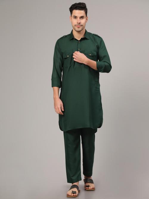 Buy IrisTheStudio Men Green Cotton Blend Solid Pathani And Pant Set ...