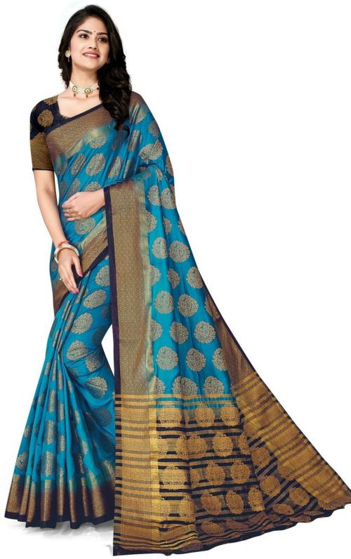 Buy Devi creation Women Printed Kanjivaram Jacquard Saree Blue Online ...