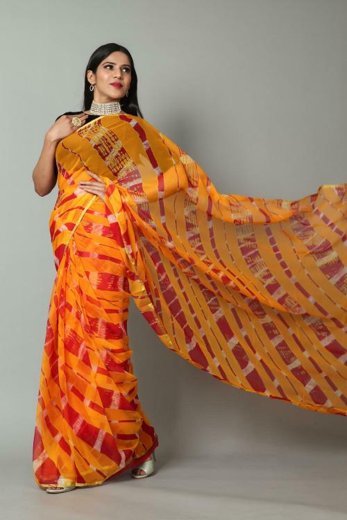 Buy Kishori Women's Zari Border and Thread Tassels Chiffon Saree and ...