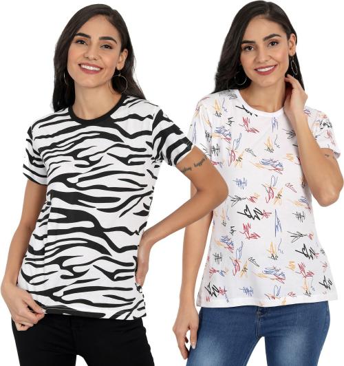 Buy CHOZI Women White Printed Cotton Blend Pack of 2 T-Shirt Online at ...