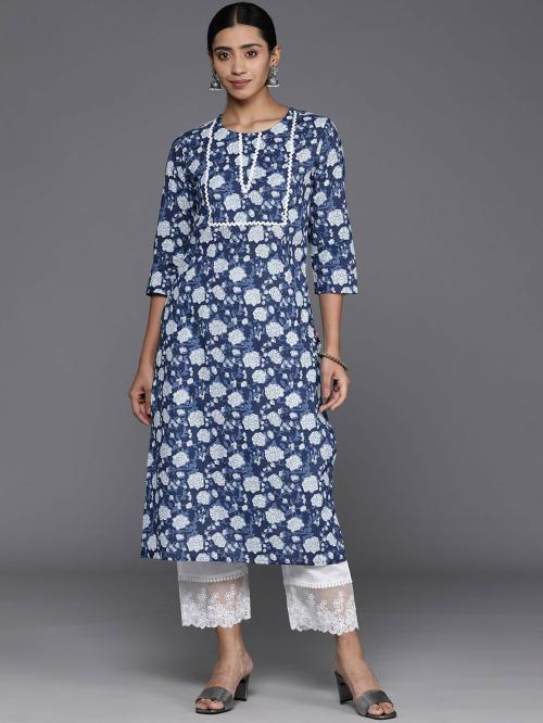Buy Varanga Women Navy Blue Floral Printed Straight Kurta Online at ...