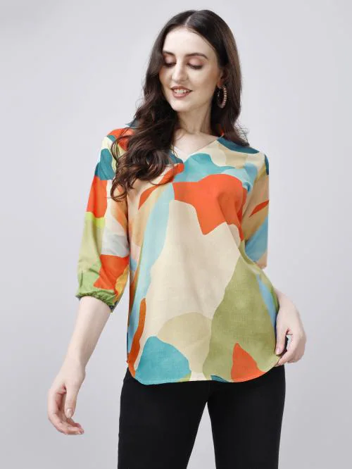 Buy Parnavi Soft Cotton linen collar neck printed top for women (Green ...