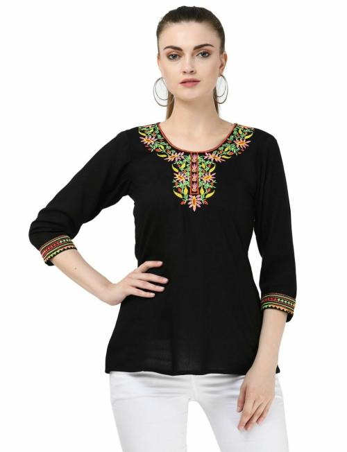 Buy SAAKAA Women's Rayon Black Embroidery Top Online at Best Prices in ...