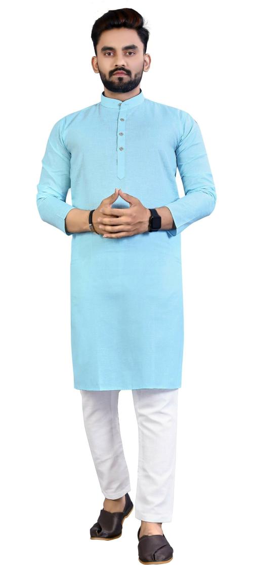 Buy Simran Creation Men Light Blue Solid Cotton Blend Straight Kurta ...
