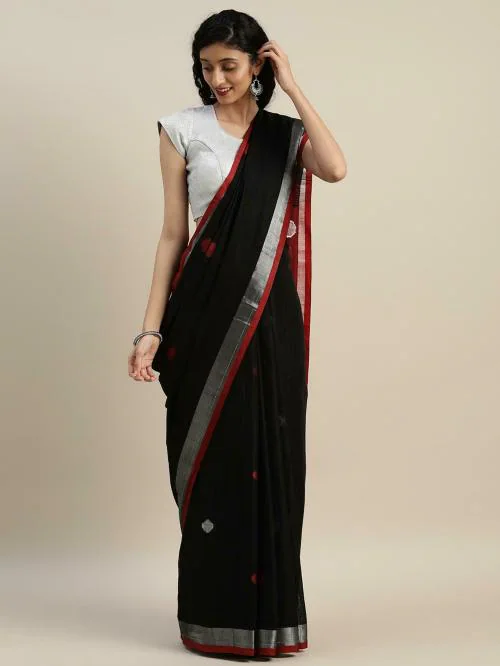 Buy VASTRANAND Women Black Linen Blend Woven Design Saree Online at ...