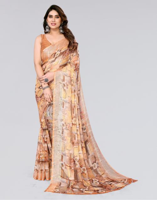 Buy Siril Chiffon Brown Color Saree with Blouse piece Online at Best ...