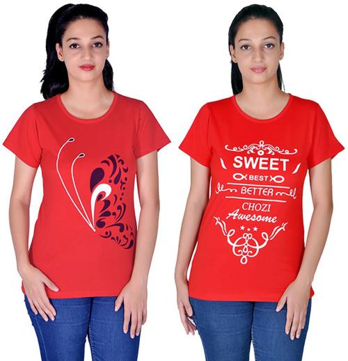 Buy CHOZI Women Multicolor Typography Cotton Blend Pack of 2 T-Shirt ...
