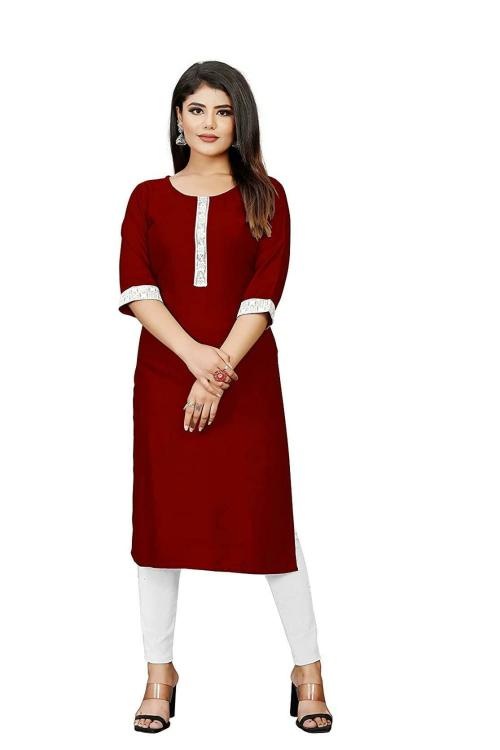 Buy Helwin Desiner Women and Girls Red Embroidery Rayon A-Line Kurti ...