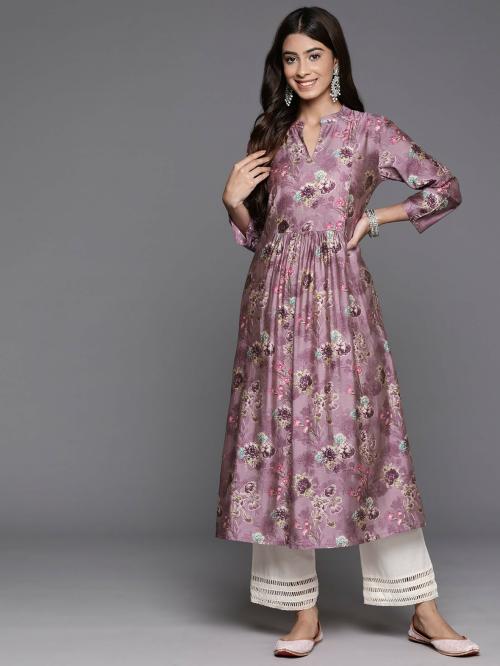 Buy Varanga Women Purple Mandarin Collar A-Line Kurta Online at Best ...