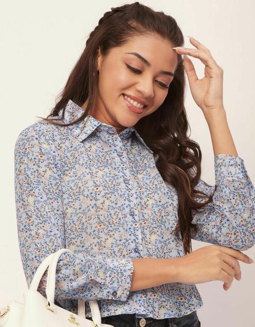 Buy Moomaya Printed Button Down Collared Sheer Shirts, Long Sleeve High ...