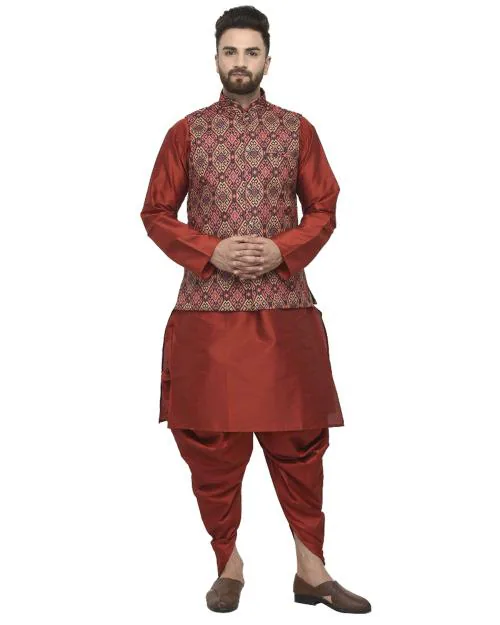 Buy Benstoke Men's Maroon Kurta With Dhoti & Multi Printed Nehru Jacket ...