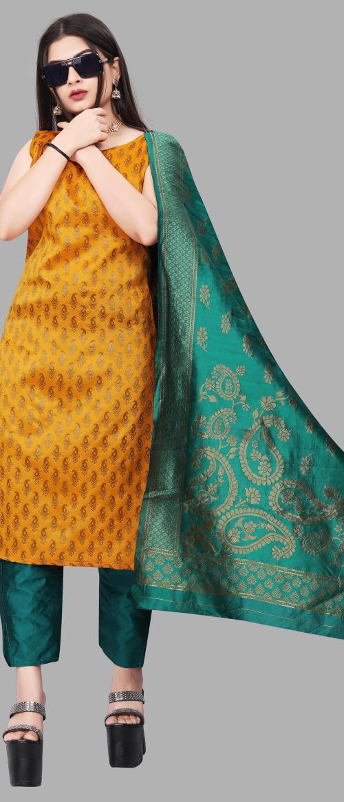 Buy sukhnath creation Women's Silk Blend Yellow Straight Kutra, Pant ...