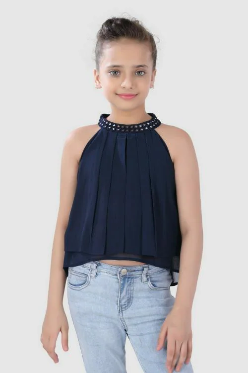 Buy POPLINS Navy Blue Solid Cotton Blend Regular Length Top For Girls ...
