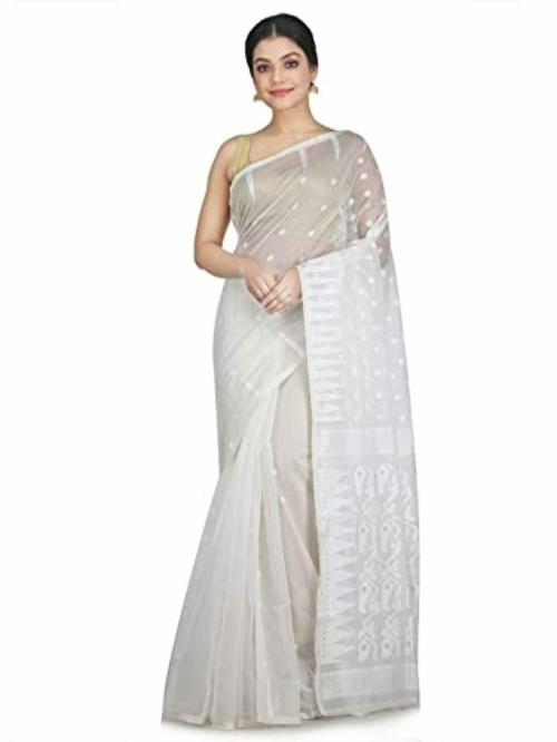 Buy PinkLoom Women White Woven Pure Cotton Jamdani Saree Without Blouse Piece Online at Best ...
