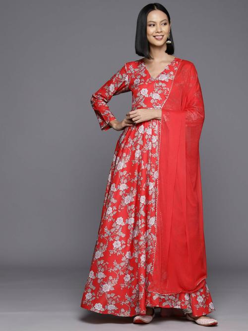 Buy Varanga Women Red Floral Printed Angrakha Style Anarkali Kurta ...