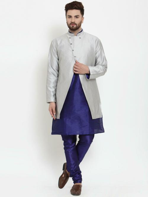 Buy Benstoke Men's Royal Blue Kurta With Pyjama & Grey Self Design ...