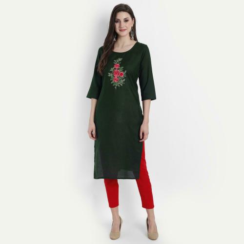 Buy Globon Impex Women Green Embroidered Cotton Blend Kurta (L) Online ...