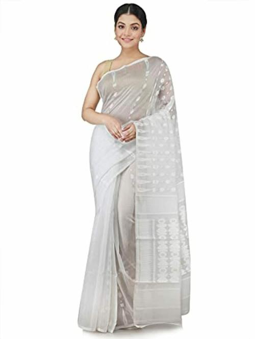 Buy PinkLoom Women White Handloom Pure Cotton Jamdani Saree Without Blouse Piece Online at Best ...