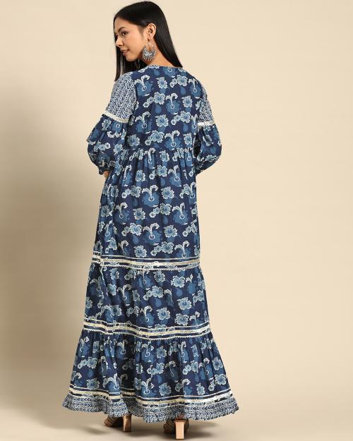 Buy Rangmayee Women's Blue & White Floral Print Gotta Patti A-Line Maxi ...
