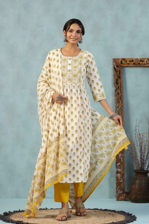 Buy Piroh Womens Cotton Butta Print Nyra Cut Kurta Pant Dupatta (Yellow ...