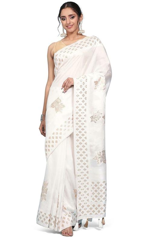 Buy Dungrani White Floral Motifs Banarasi Women Saree With Blouse Pic ...