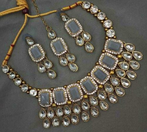 Buy Manath Alloy Necklace, Earring and Maang Tikka Set (Grey) Online at ...