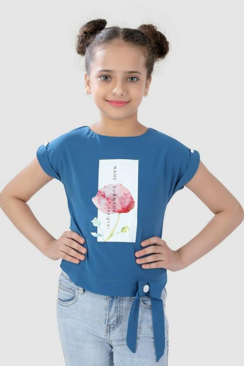 Buy POPLINS Blue Floral Cotton Blend Regular Length Top For Girls ...