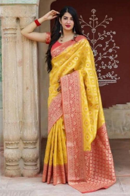 Buy JIADI WORLD Women Yellow Jacquard, Pure Silk Woven Zari Kanjivaram ...