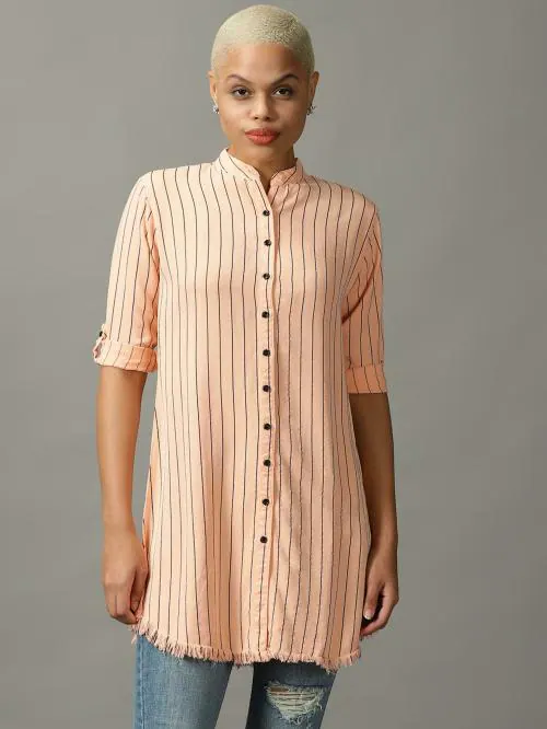 Buy SHOW OFF Women's Peach Striped Polyester Shirt Online at Best ...
