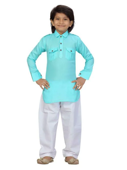 Buy Little Mafia By Aarika Boys Firozi-White Color Pathani Kurta Pyjama ...