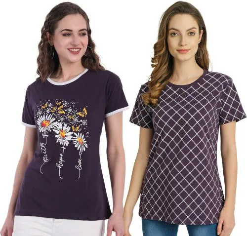 Buy CHOZI Women Multicolor Printed Cotton Blend Pack of 2 T-Shirt ...